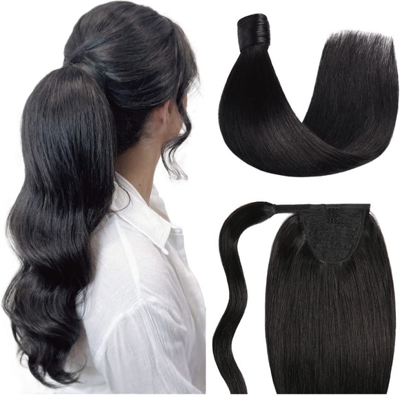 Hair | 2 Ponytail Human Hair Wrap Around Clip In Hair 80g 1b | Poshmark